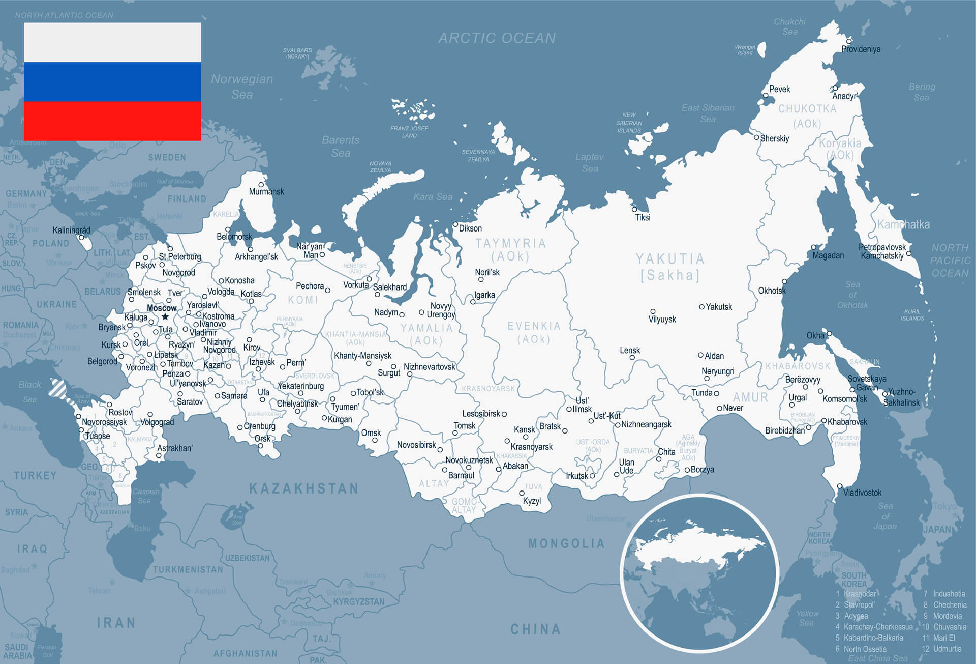 Russia Map with Rivers and Lakes