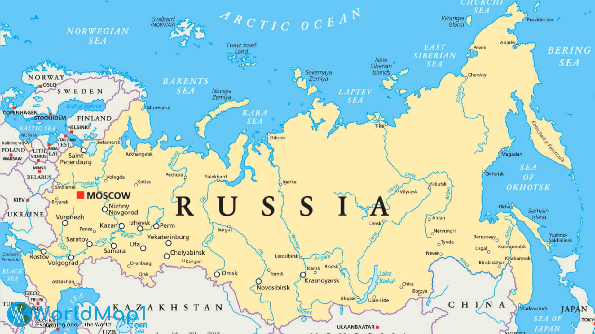 Russia Map with Rivers and Lakes