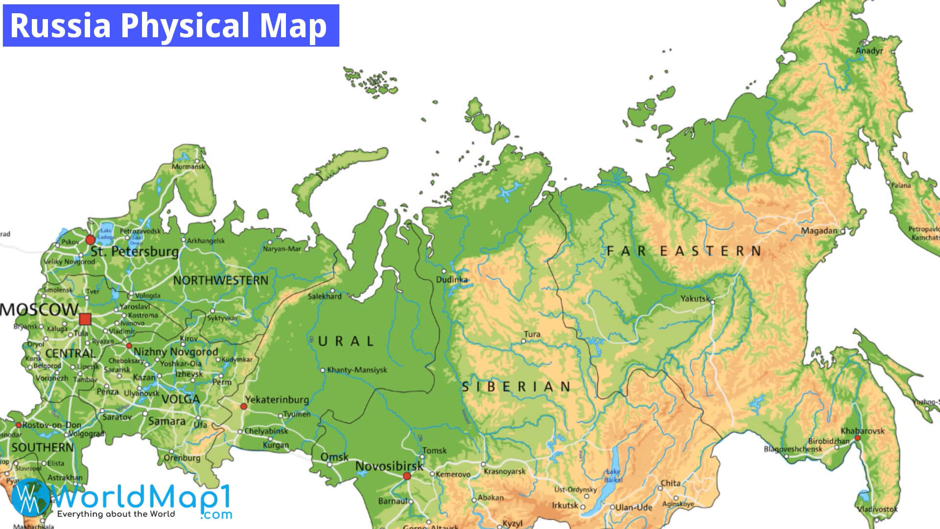 Russia Map with Rivers and Lakes
