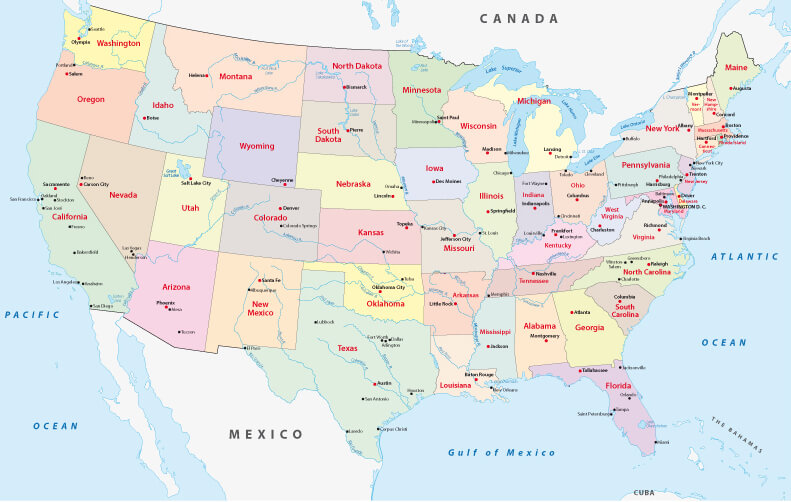 US Political Map with Capital Washington, Most Important Cit