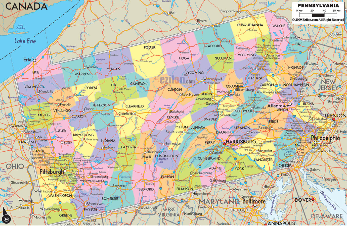 Pennsylvania Counties Road Map USA Pennsylvania Counties Road Map USA