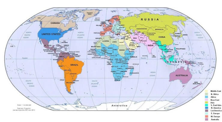 World Map, Continents, Country, Cities Map